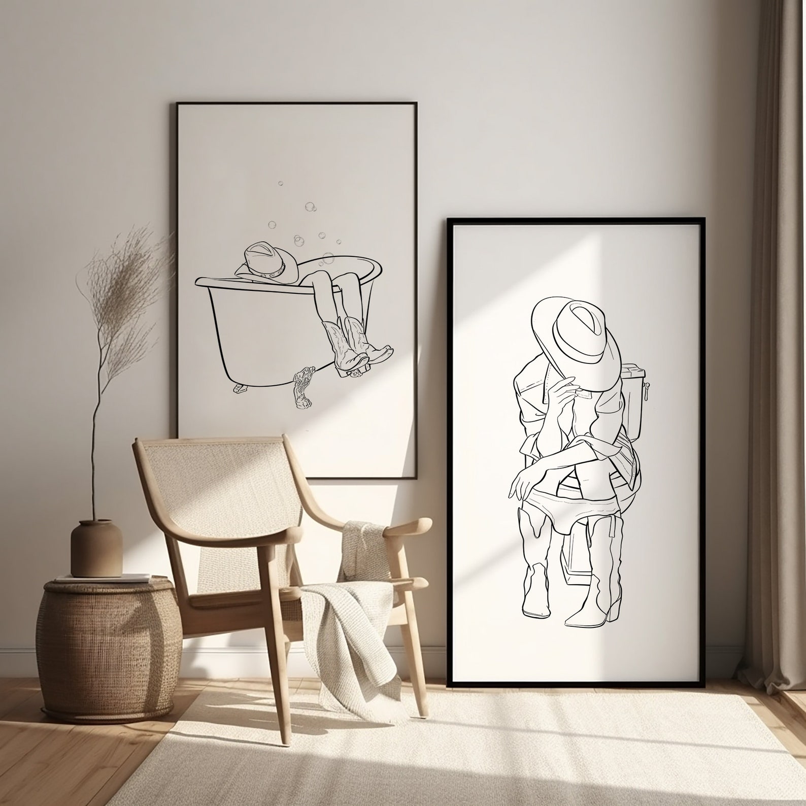 Cowgirl Bathroom Line Art Print, Set of Two, Minimalist Black & White ...
