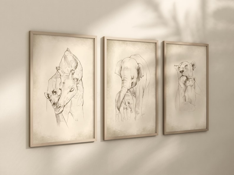 Vintage Style Safari Animal 3 Piece Drawing Wall Art, Triptych Nursery ...
