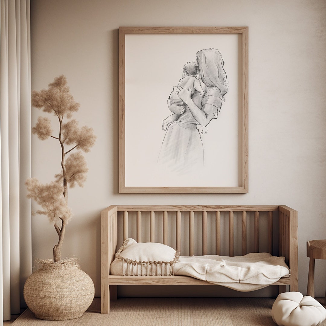 Vintage Style Mother Child Nursery Sketch, Digital Pencil Drawing, Wall ...