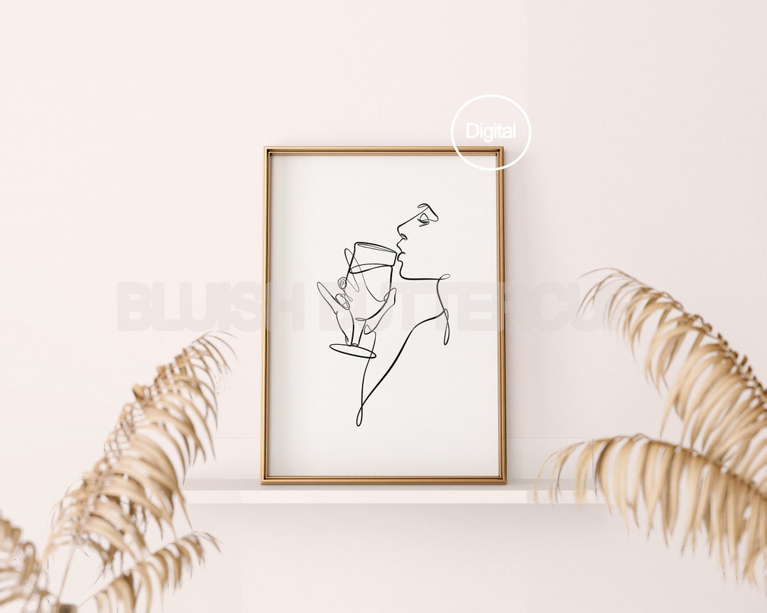 Bar Cart One Line Wall Art, Minimalist Single Line Drawing, Black and ...