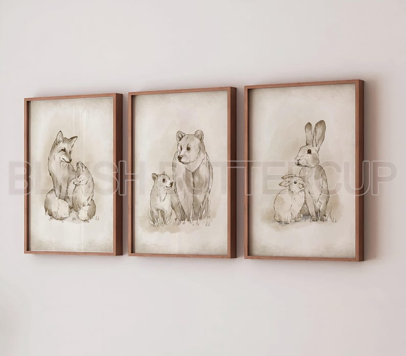 Vintage Style Nursery Three Piece Animal Wall Art, Triptych Whimsical ...