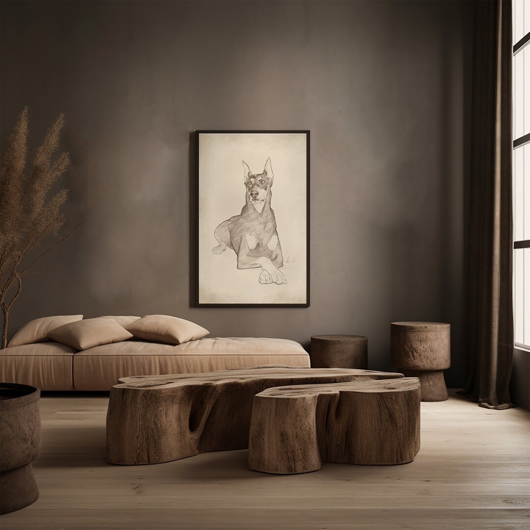Doberman Drawing Art, Vintage Style Beige Wall Art, Dog Pencil Sketch ...