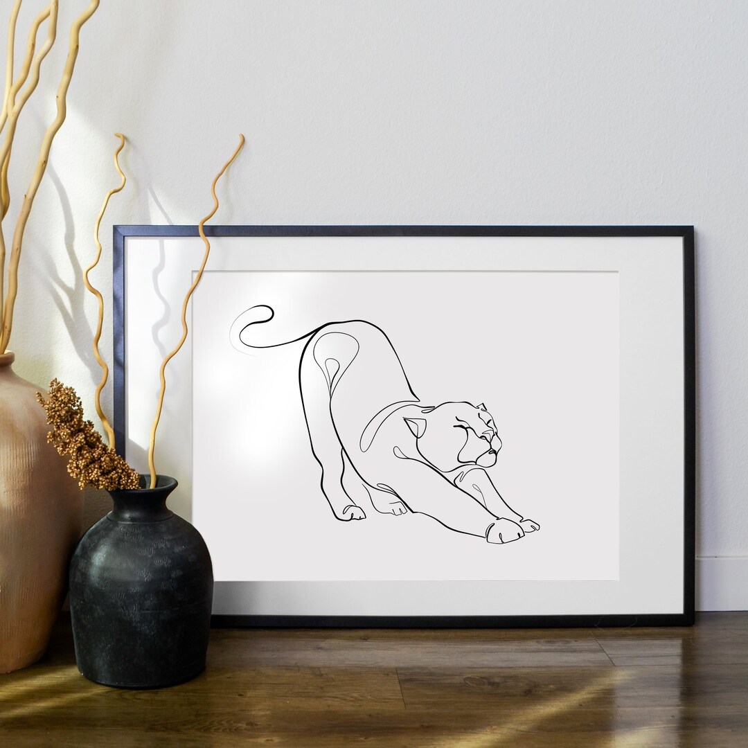 Printable Single Line Panther Stretching Pose Wall Art, Big Cat Lines ...