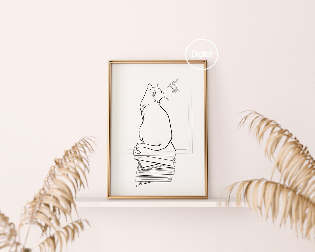 Cat on Books Line Wall Art Print, Digital Black & White Minimal Drawing ...