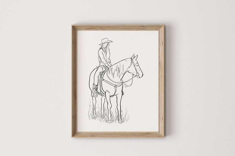 Cowgirl Horse Riding Line Art, Black & White Outline, Girls Room Wall ...