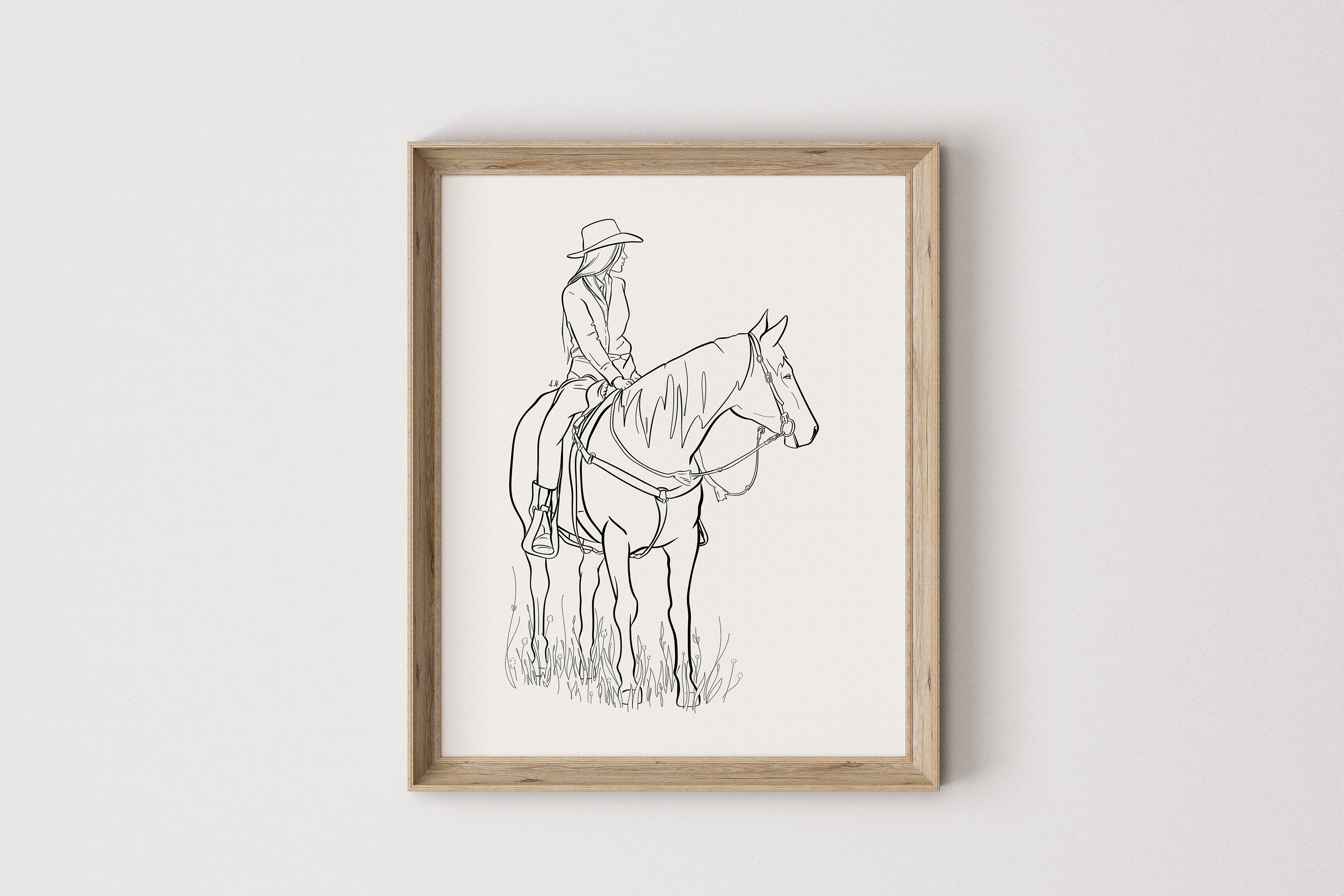Cowgirl Horse Riding Line Art, Black & White Outline, Girls Room Wall ...