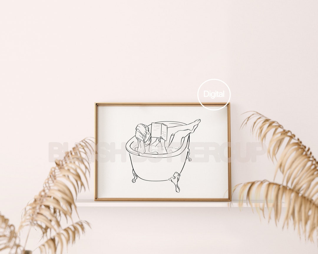 Printable Reading Girl in Bathtub, Black and White Minimal Lines Wall ...
