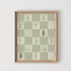 Cats Checkered Pattern Sage Green Wall Art, Cat Lovers Print, Drawing ...