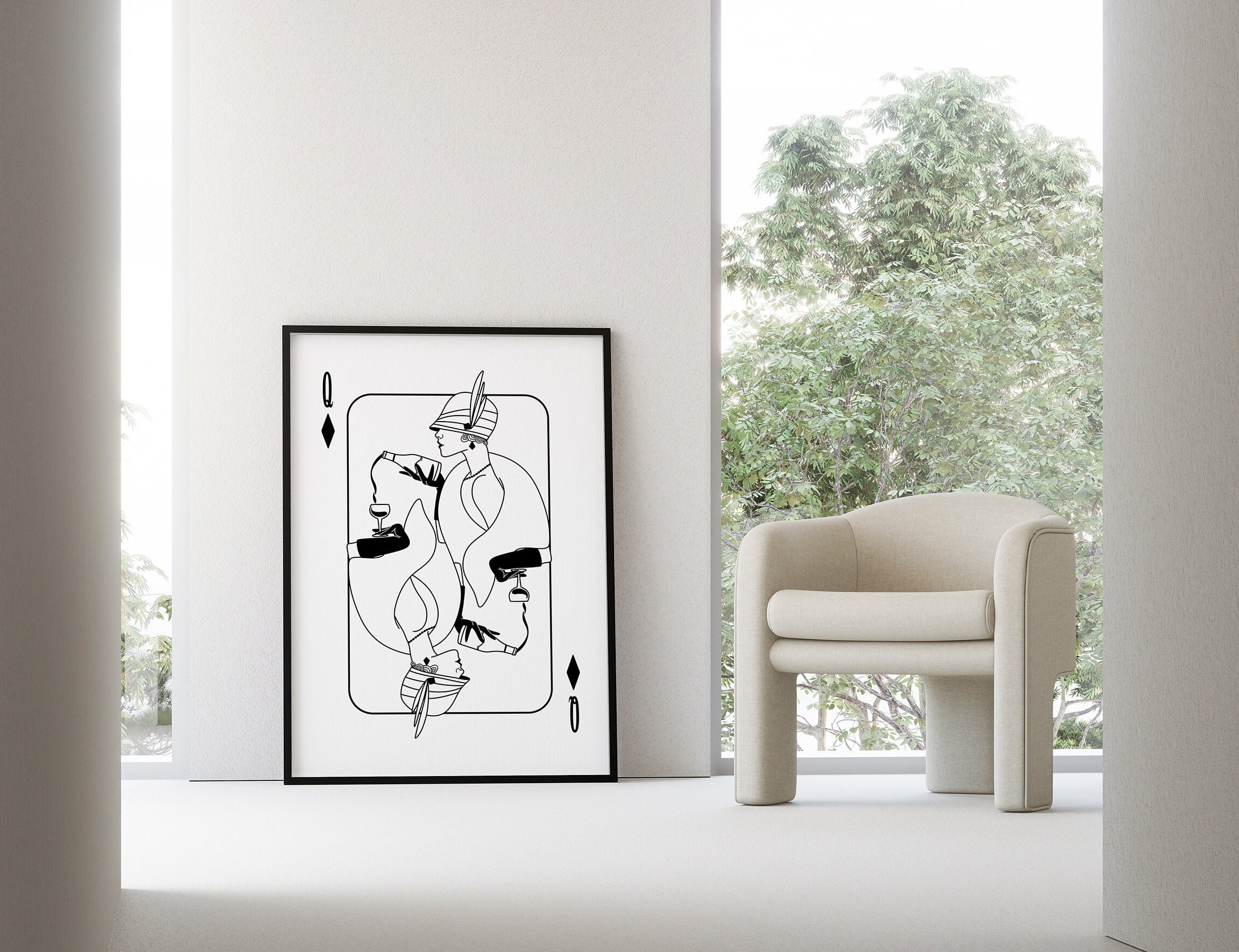 Vintage Style Bar Cart Playing Card, Black & White Wall Art, Queen of ...
