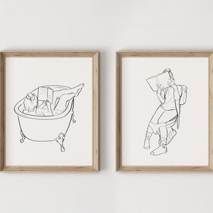 Printable Reading Girl in Bathroom, Set of Two, Digital Black and White ...