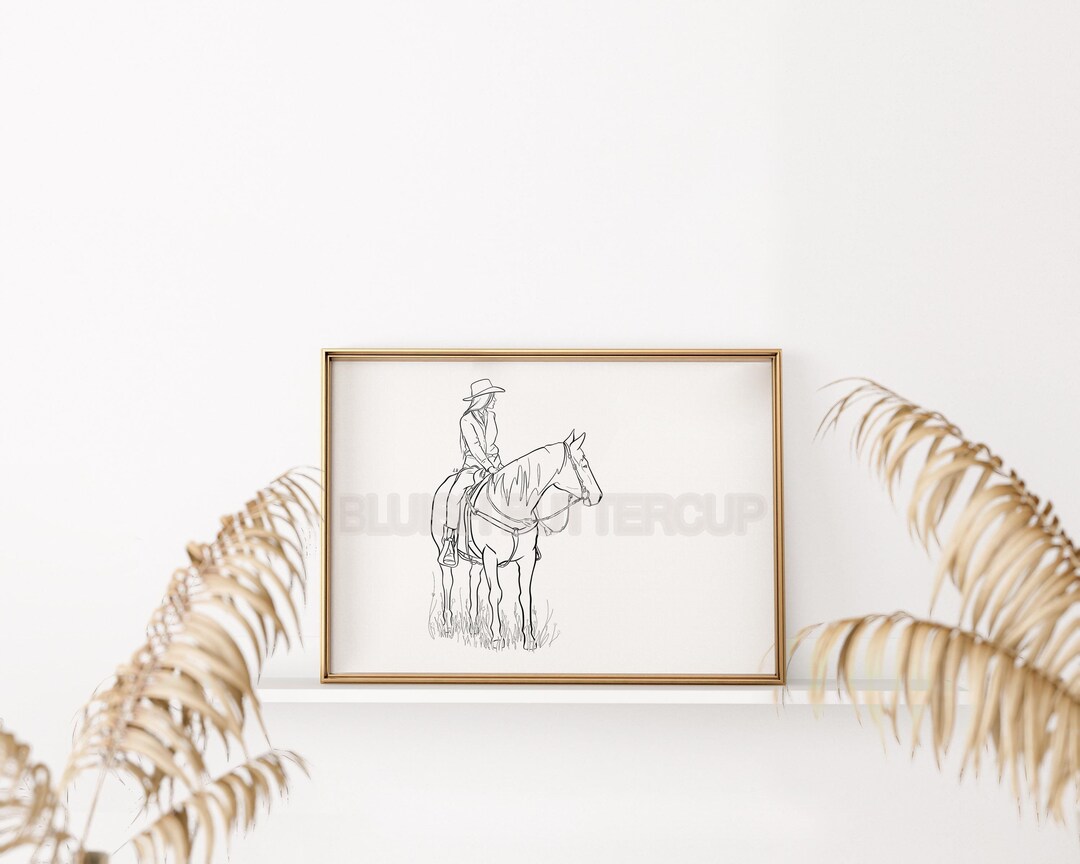 Cowgirl Horse Riding Line Art, Black & White Outline, Girls Room Wall ...