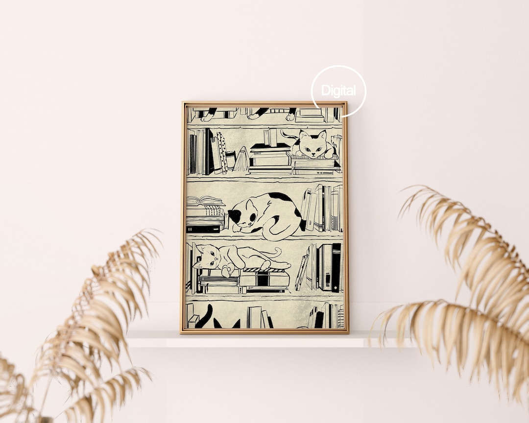 Cats Library Drawing Black & Beige, Cat and Book Lovers Wall Art ...