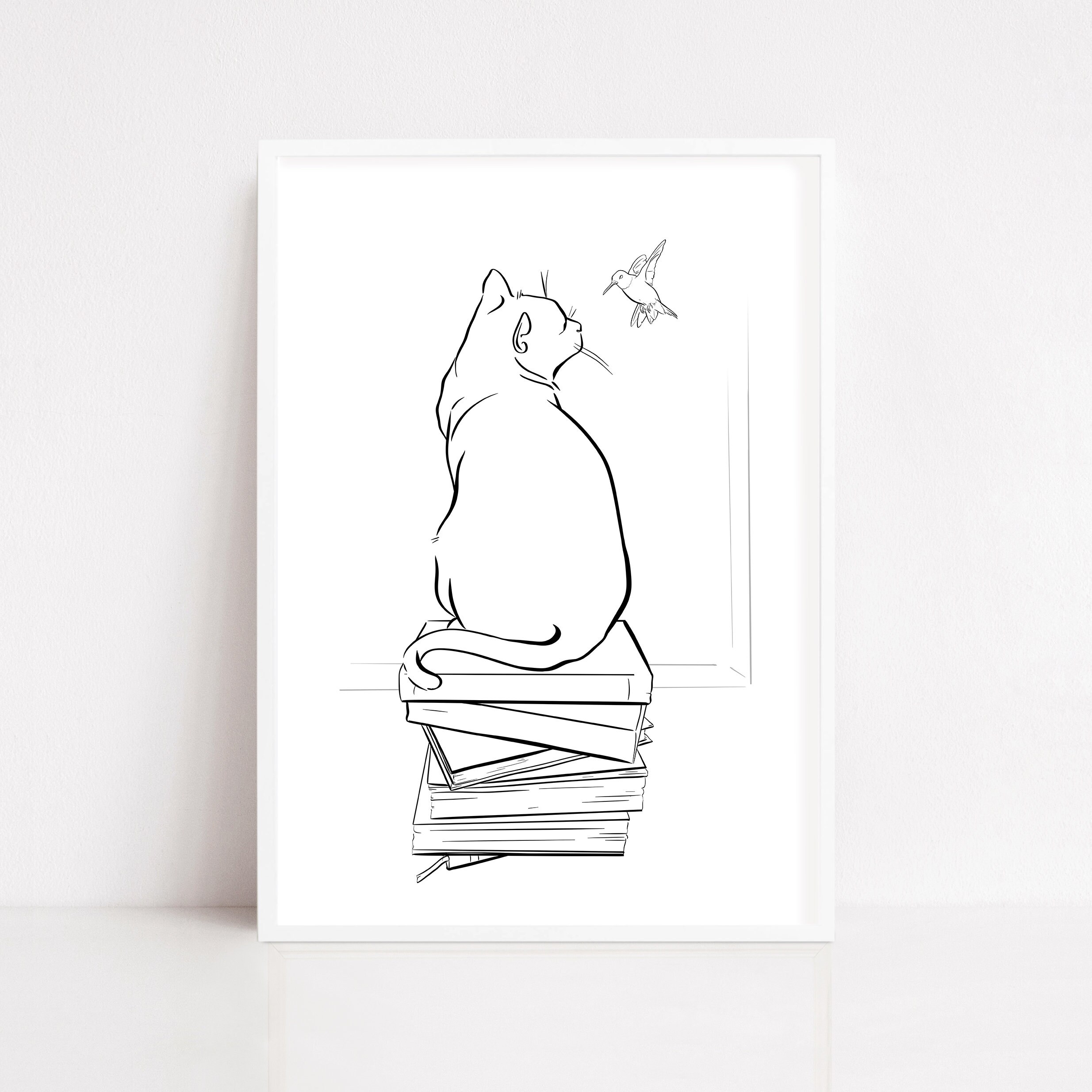 Cat on Books Line Wall Art Print Digital Black & White - Etsy
