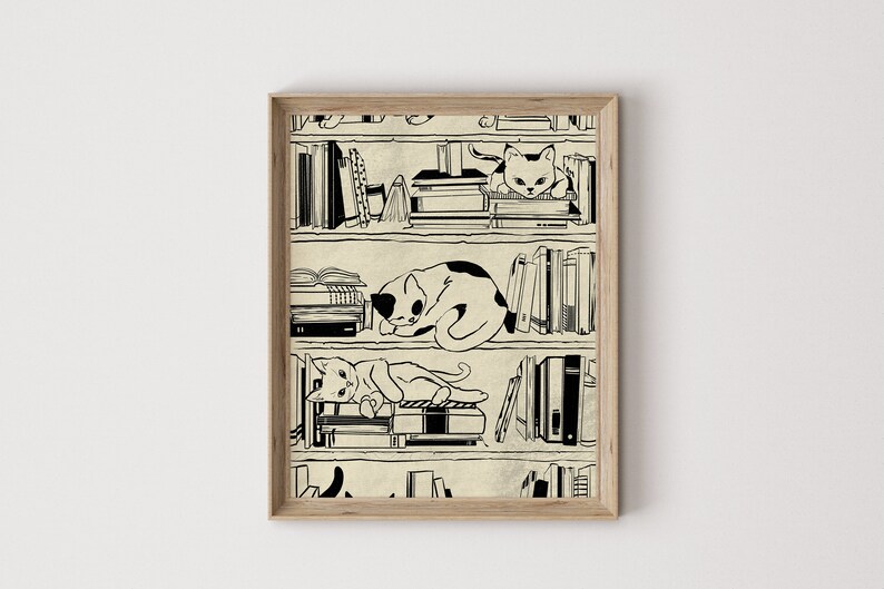 Cats Library Drawing Black & Beige, Cat and Book Lovers Wall Art ...