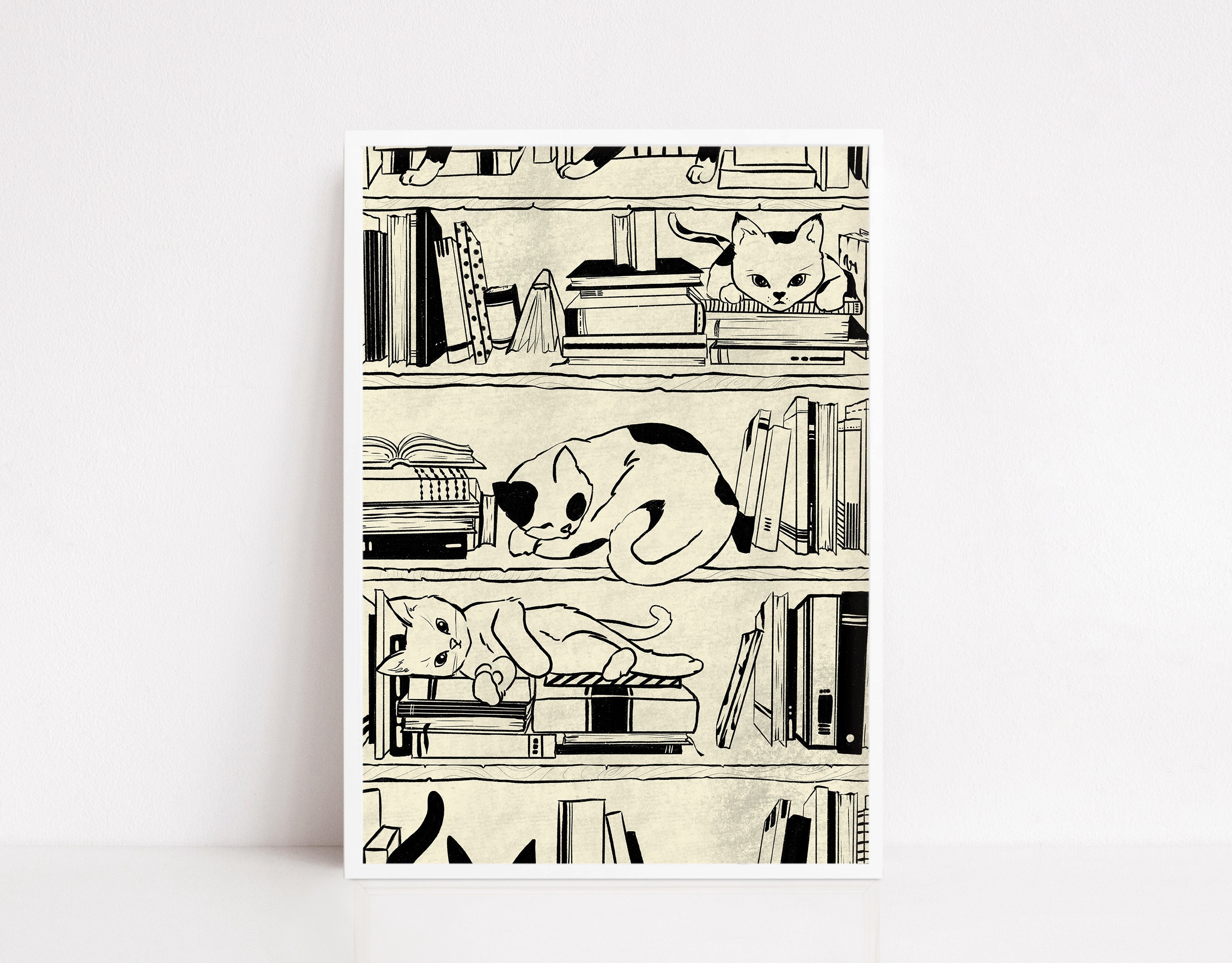Cats Library Drawing Black & Beige, Cat and Book Lovers Wall Art ...