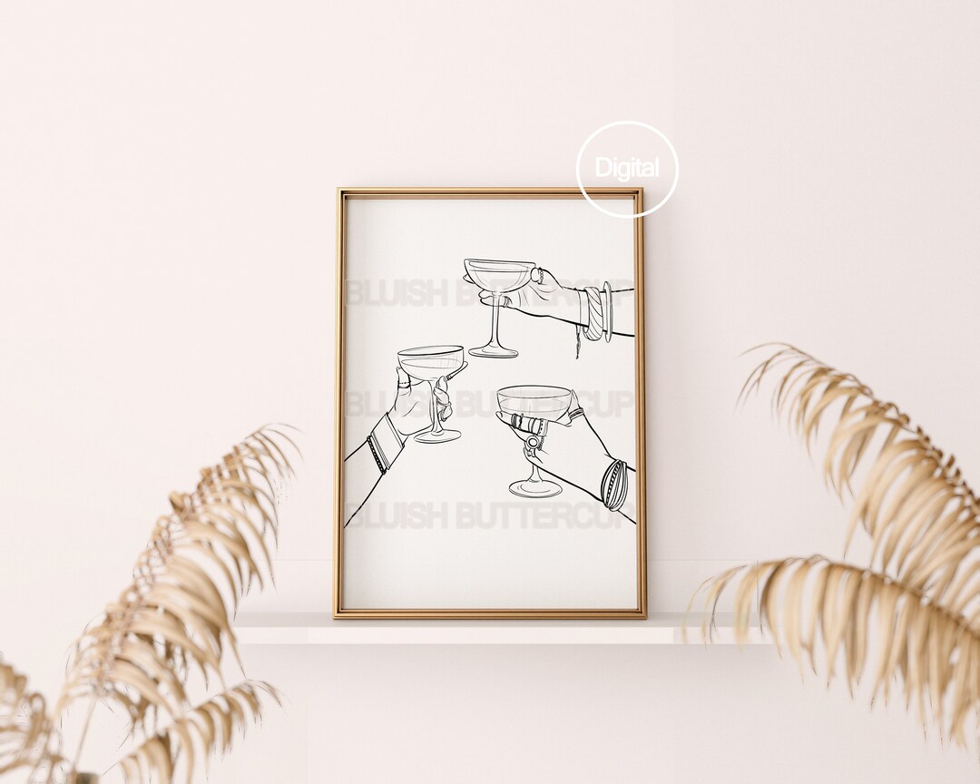 Bar Cart Outline Cheers Wall Art, Minimalist Line Drawing, Black and ...