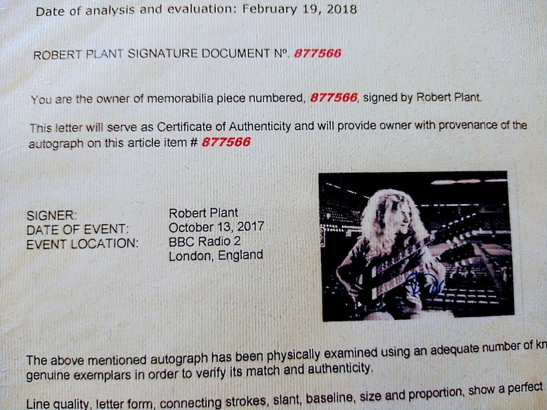 Led Zeppelin Robert Plant Hand Signed Photo With Certificate of ...