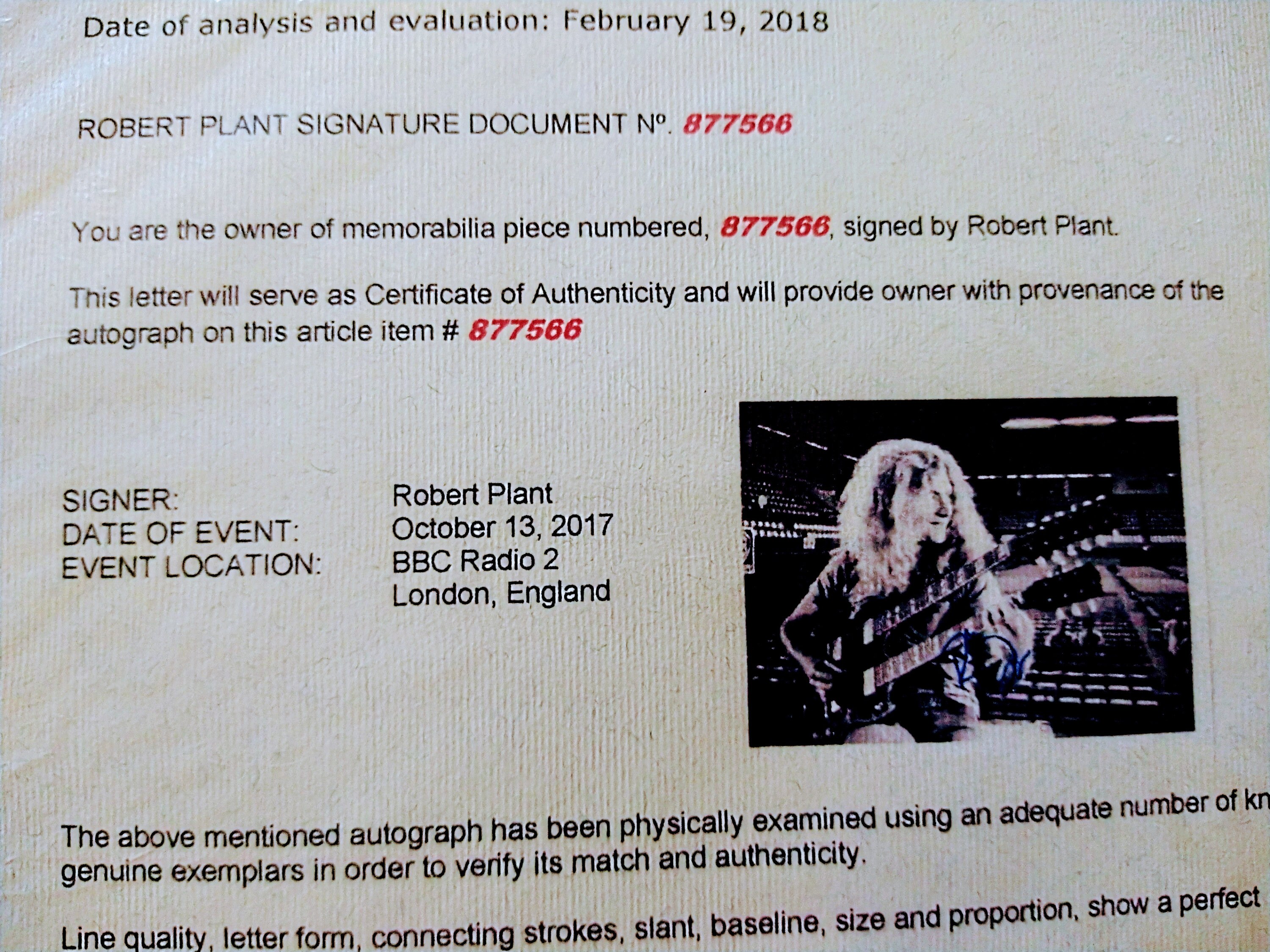 Led Zeppelin Robert Plant Hand Signed Photo With Certificate of ...