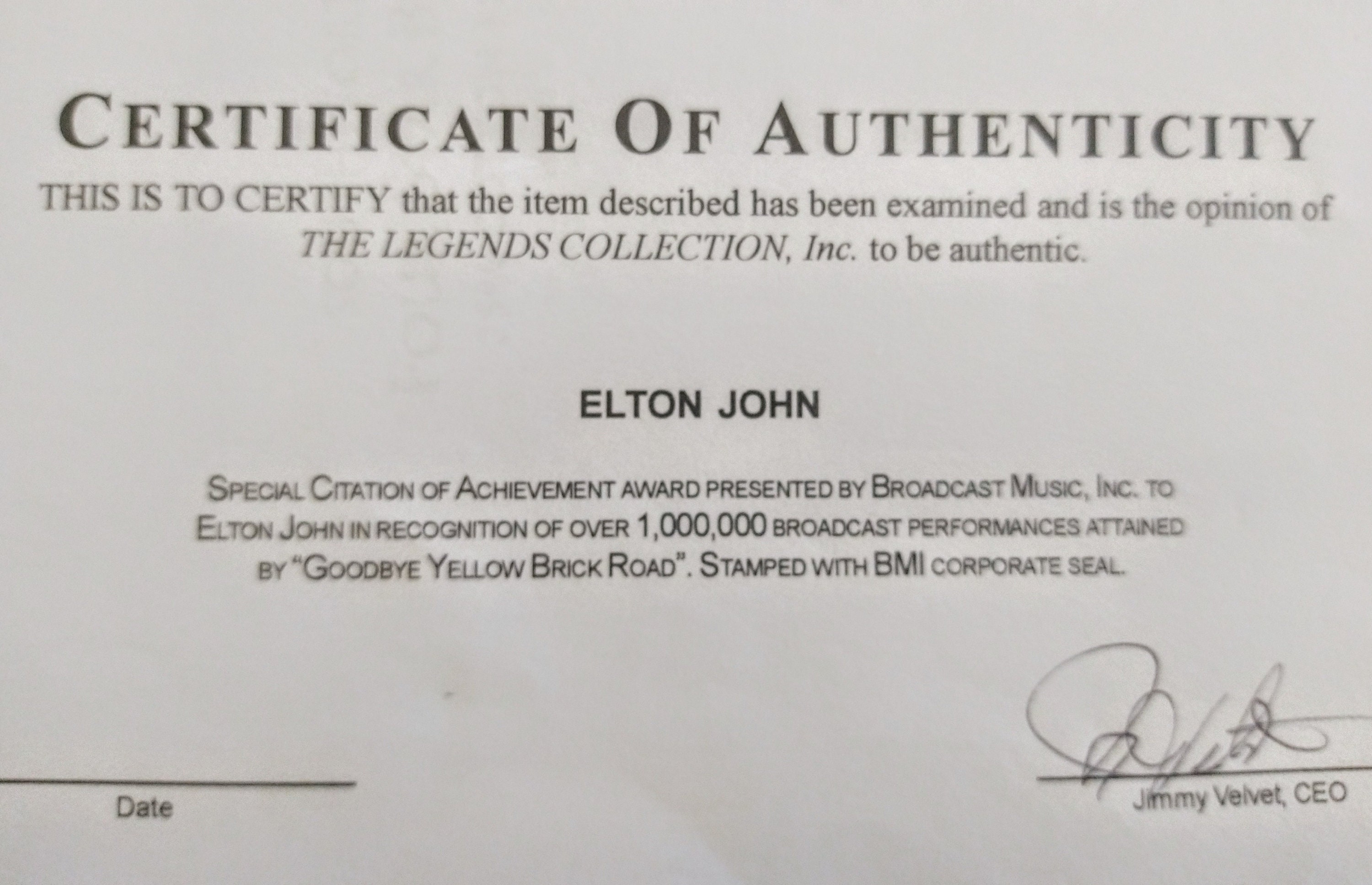 Elton John BMI Award for goodbye Yellow Brick Road With Certificate of ...