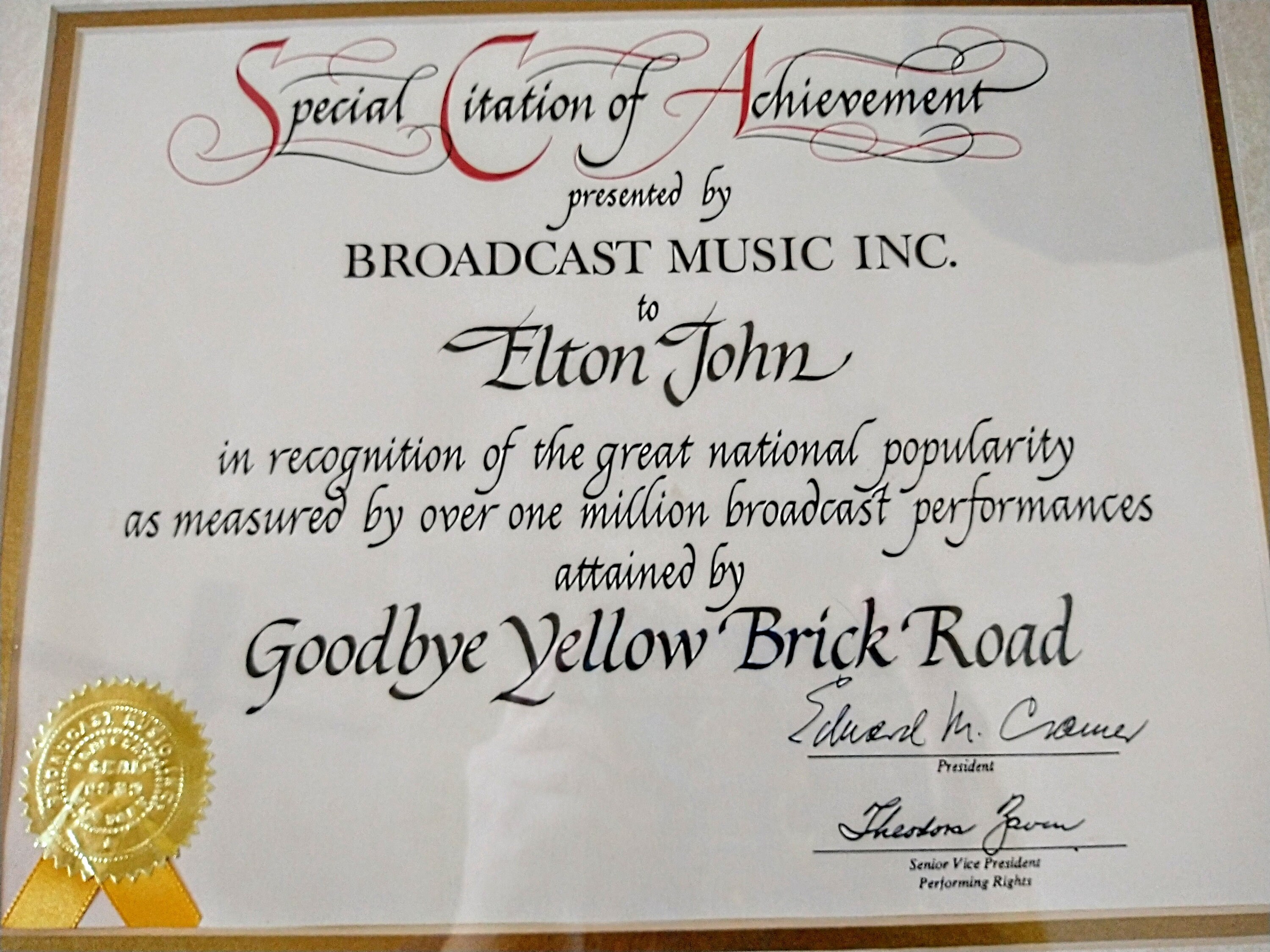 Elton John BMI Award for goodbye Yellow Brick Road With Certificate of ...