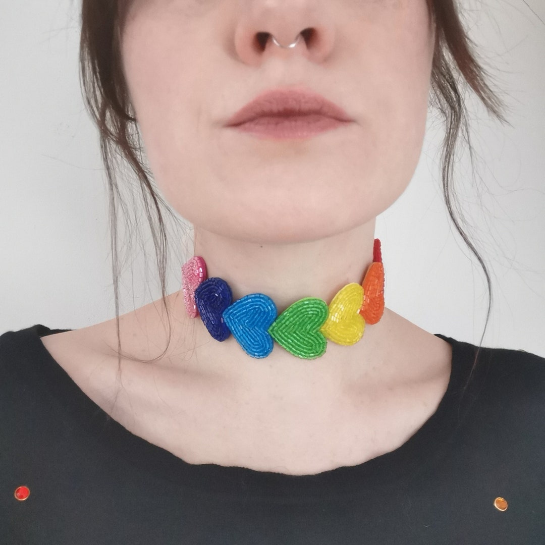RAINBOW LOVE HEARTS Sheer Organza Bow-tie Beaded Embroidery Choker ...