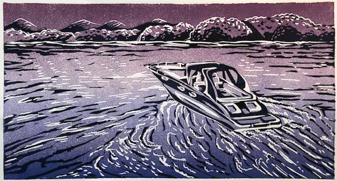 Boat Lake Art, Boater Gift, Linocut Boat Art, Boat Print, Ocean Art ...
