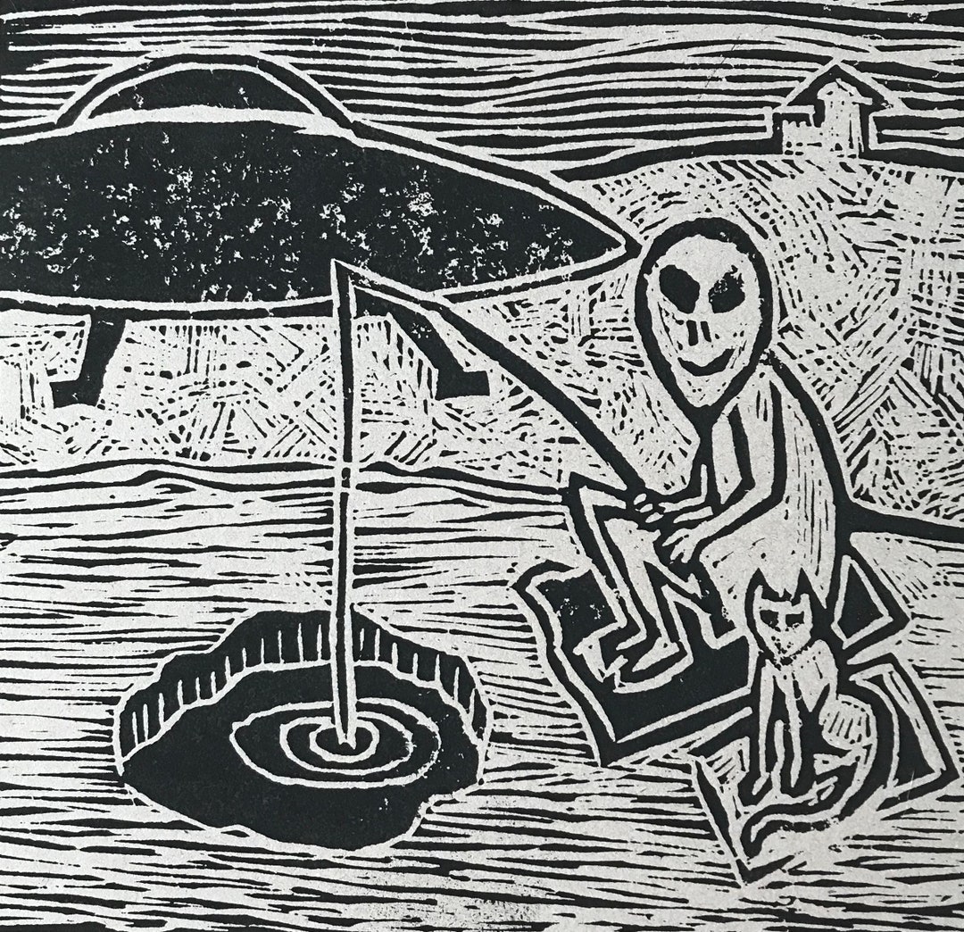 Linocut With Alien and Cat - Etsy