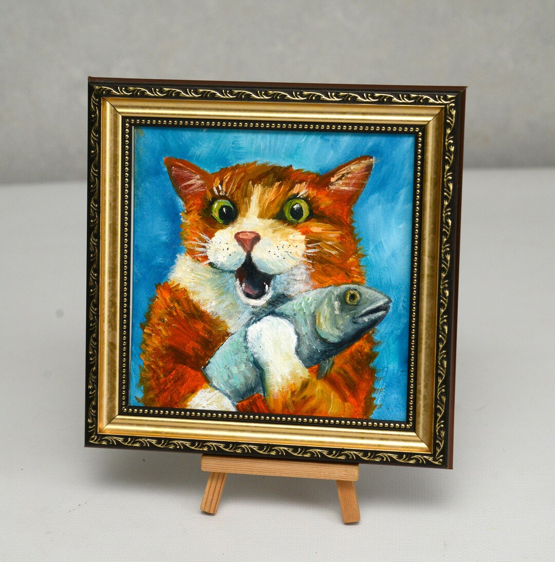 Original Red Cat Painting in a Small Frame. Hand Painted Cat and Fish ...