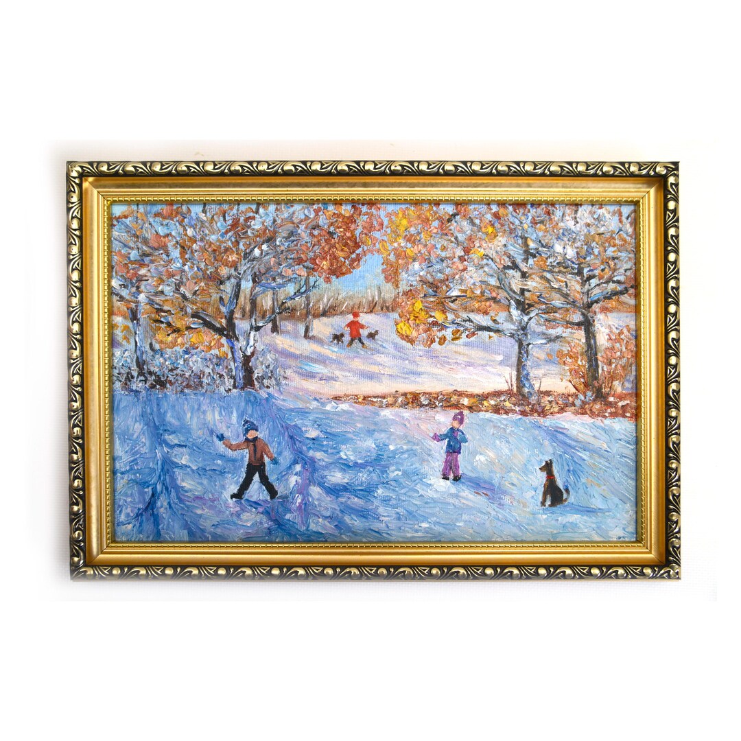 Winter Scene With Children Original Oil Painting in Frame Impressionism ...