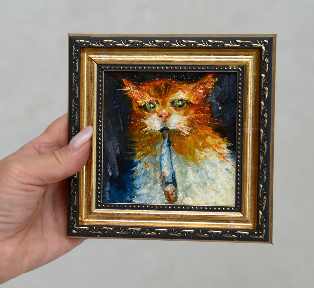 Original Red Cat Painting in a Small Frame. Hand Painted Cat and Fish ...