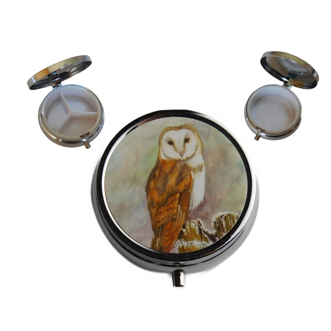 Barn Owl. Round Metal Pill Box, With a Choice or Triple or Single ...