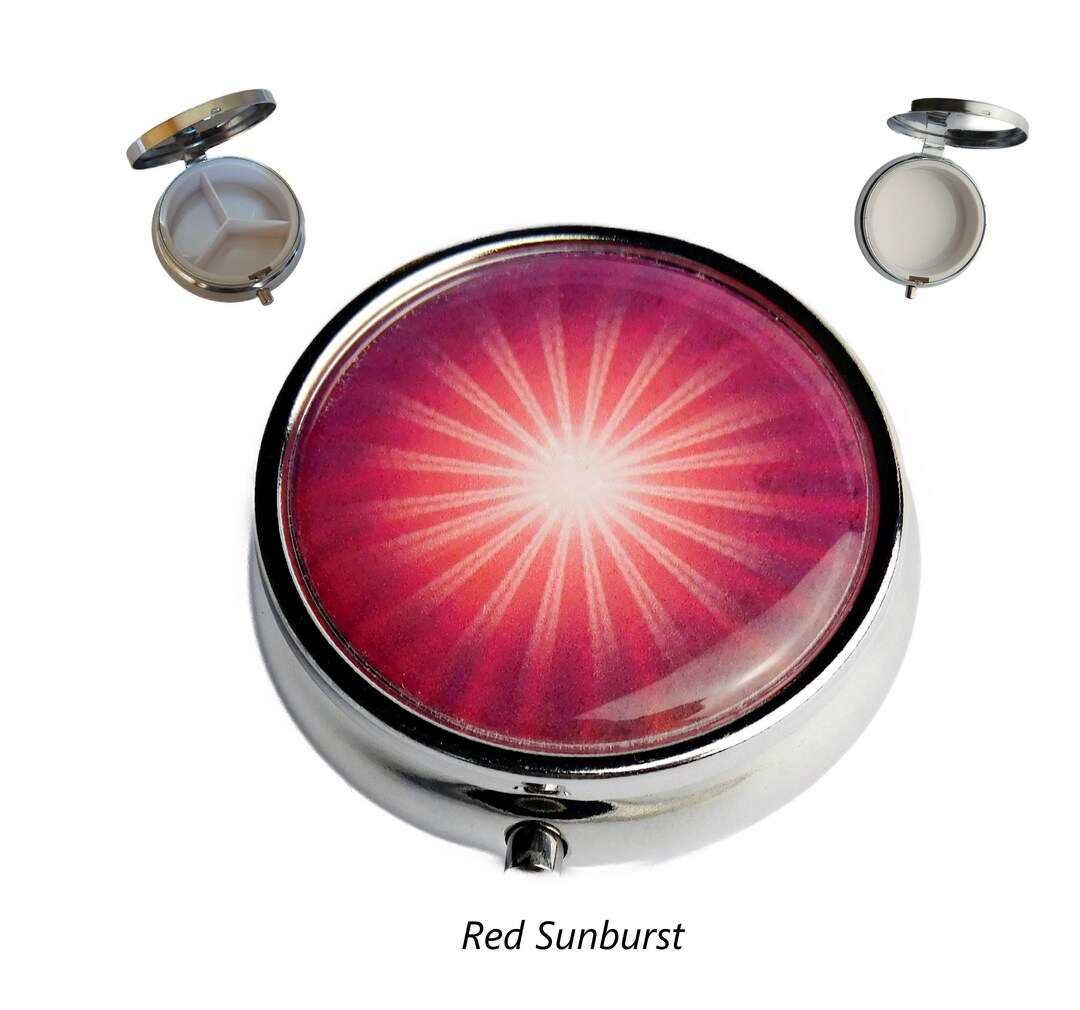 Red Sunburst Design, Round Metal Pill Box, With a Choice or Triple or ...