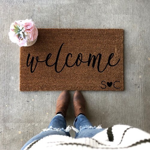 Welcome With Heart and Initials Welcome Mat Front Porch - Etsy