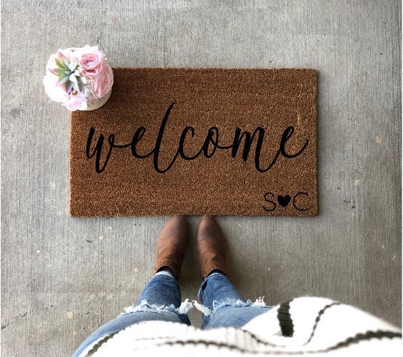 Welcome With Heart and Initials Welcome Mat Front Porch - Etsy