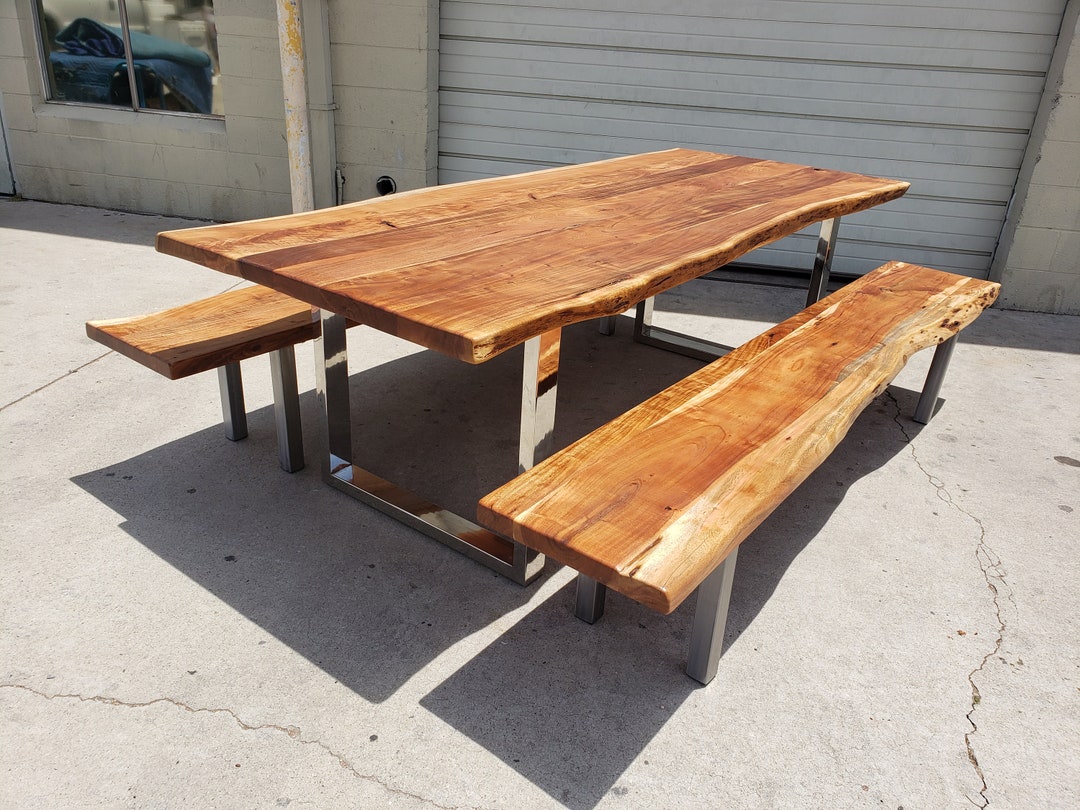96"l Live Edge, Acacia Wood Table and 2 Bench Set - Etsy