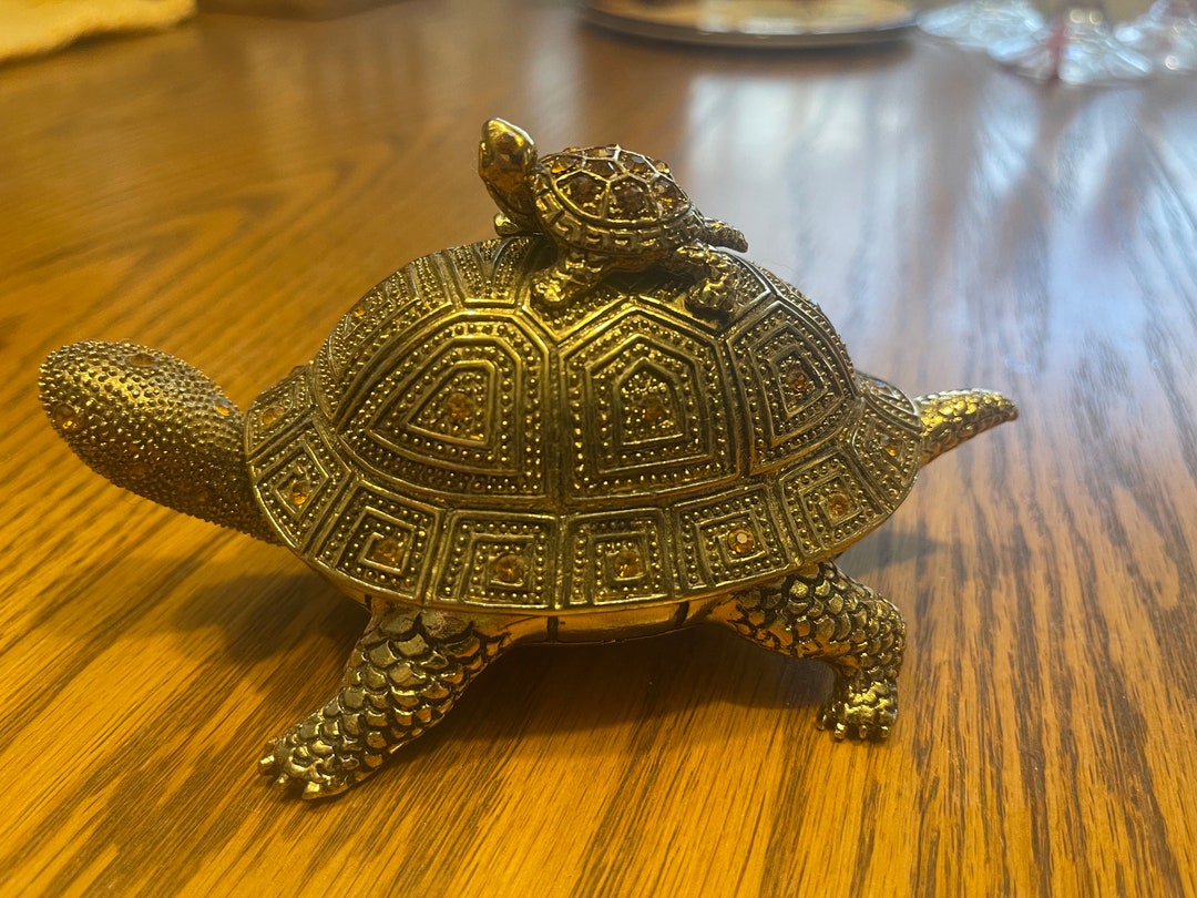 Bejeweled Brass Turtle Trinket Jewelry Box W Magnefier and Letter ...
