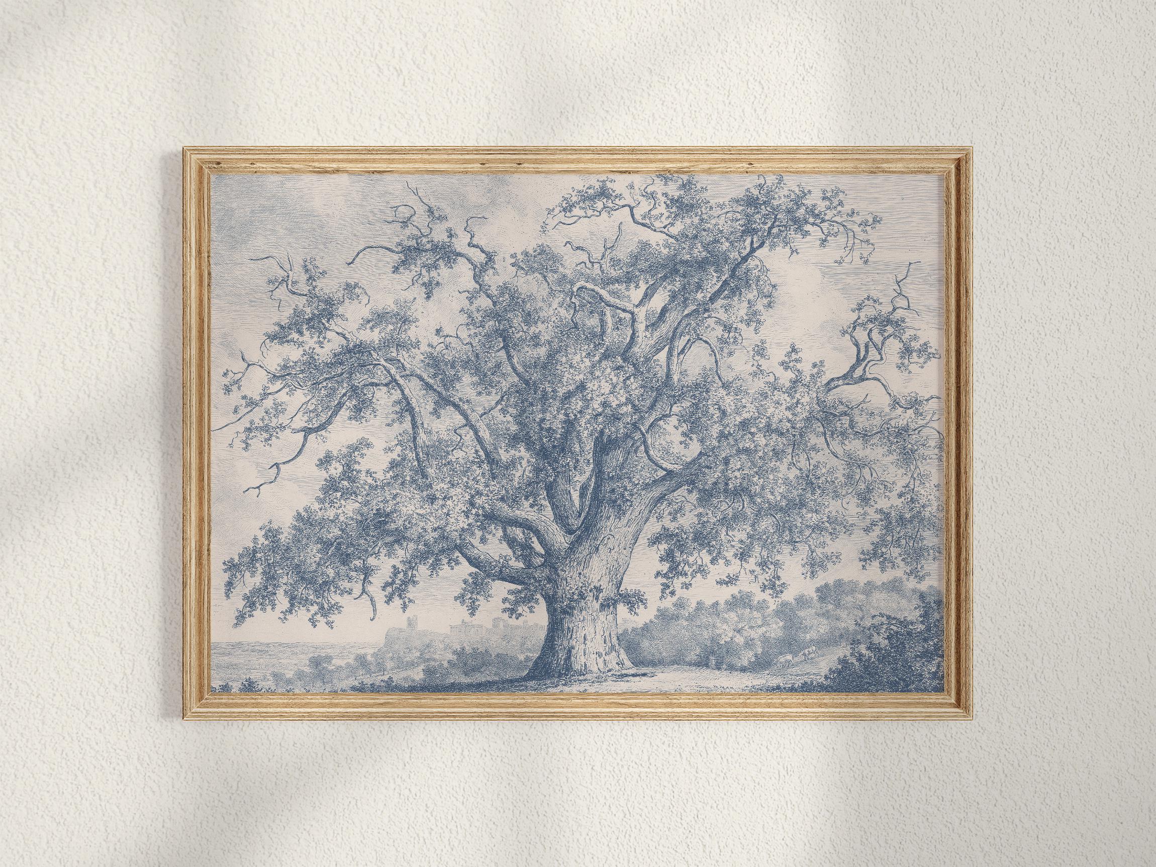 Vintage Oak Tree Sketch, French Blue Landscape Art Print, Rustic ...