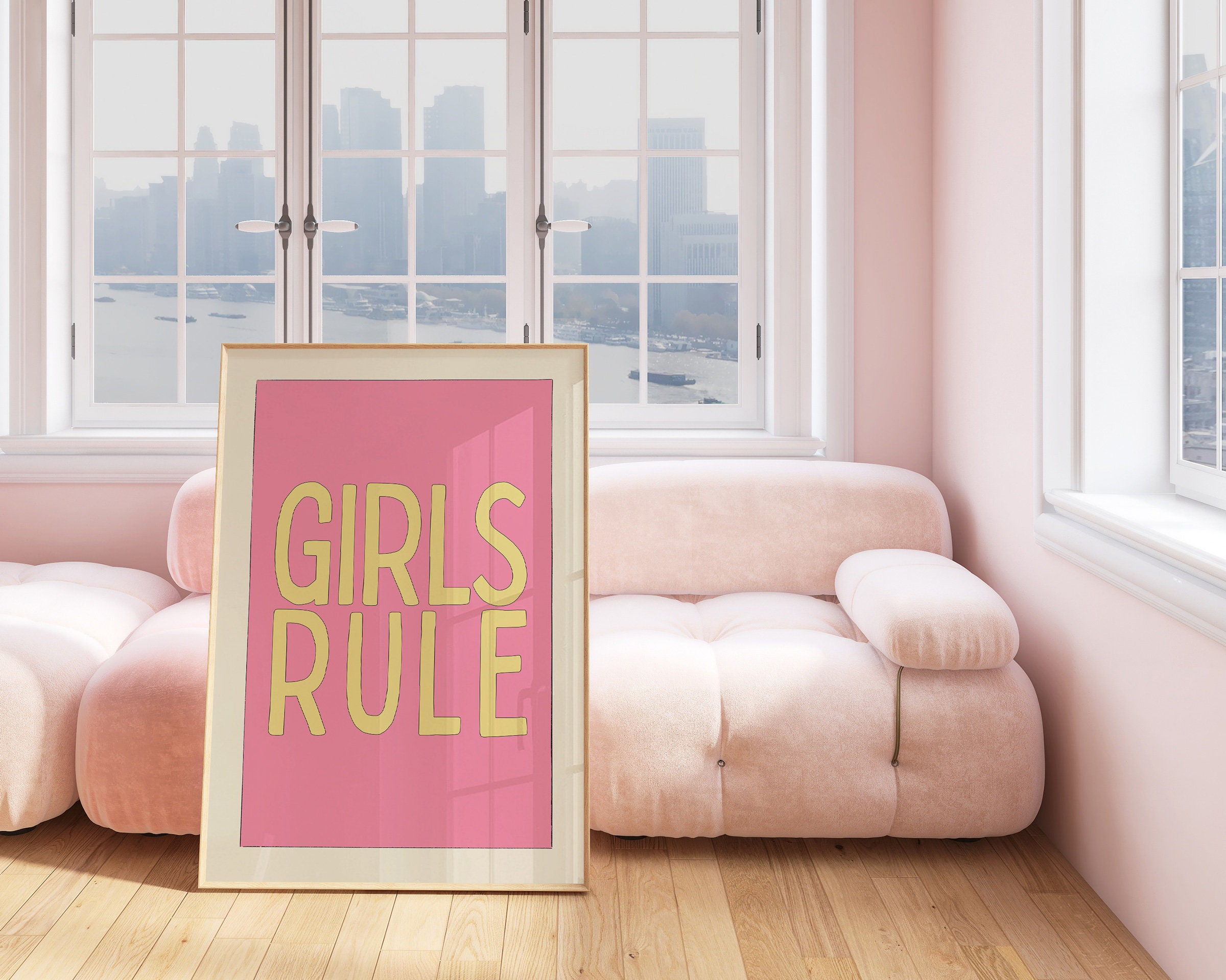Girls Rule Print, Cute Pink Aesthetic Apartment Decor, Girl's Room Wall ...