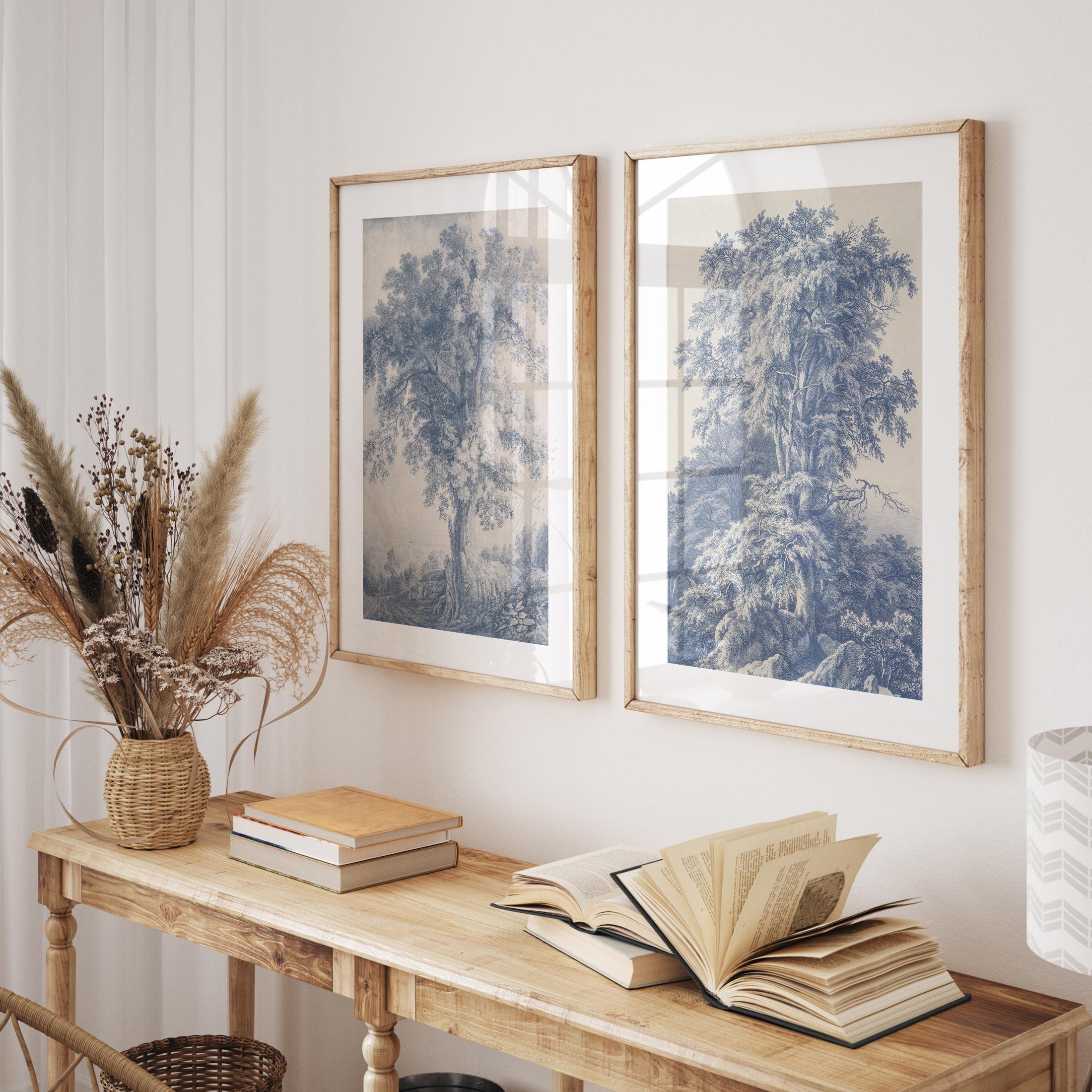 French Country Landscape Prints Set, Vintage Blue Tree Wall Art ...