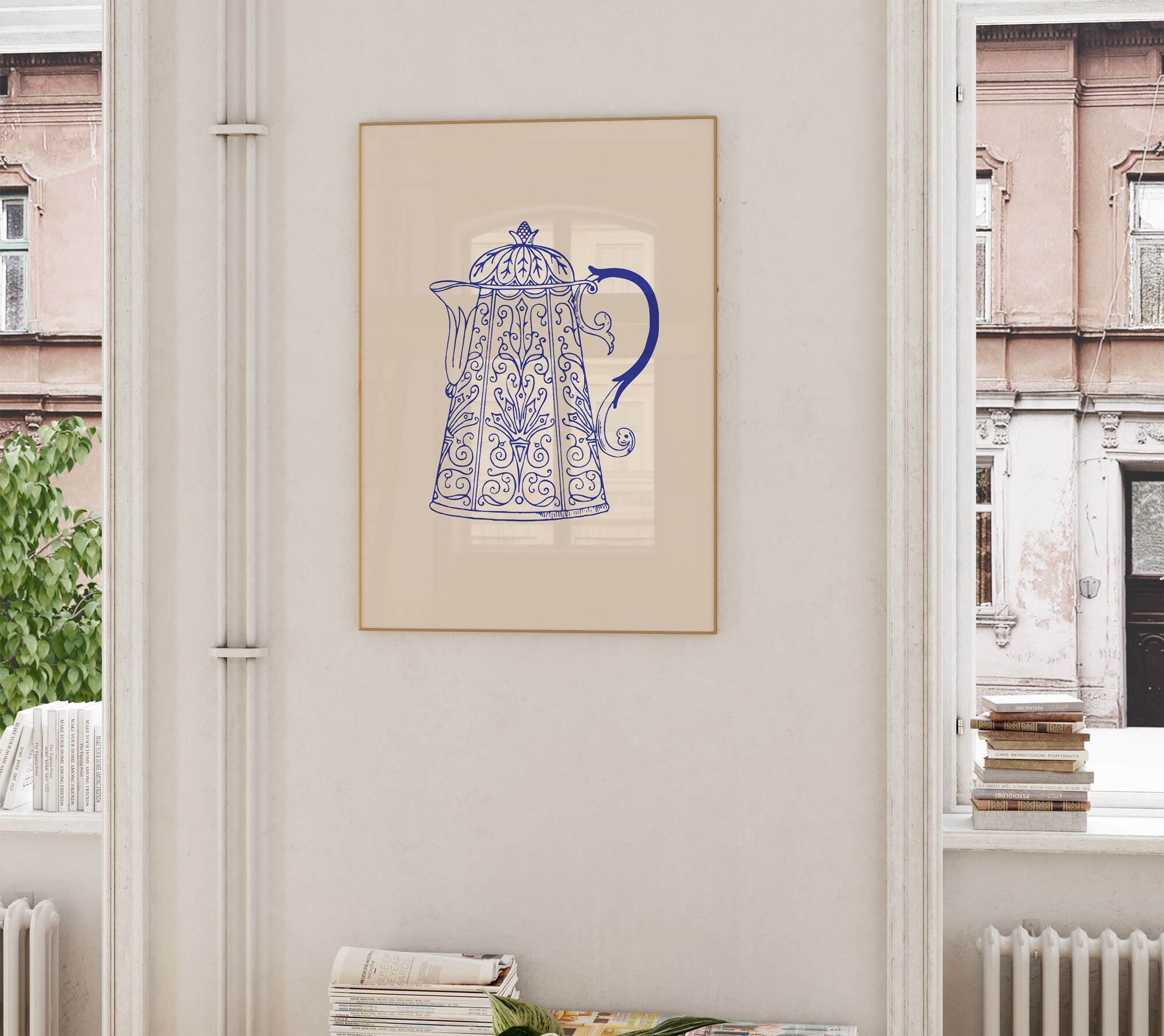 Kitchen Wall Art Printable, Vintage Teapot Illustration, Blue ...