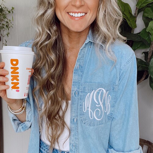 Monogram Denim Button Down Embroidered Bridal Party - Etsy