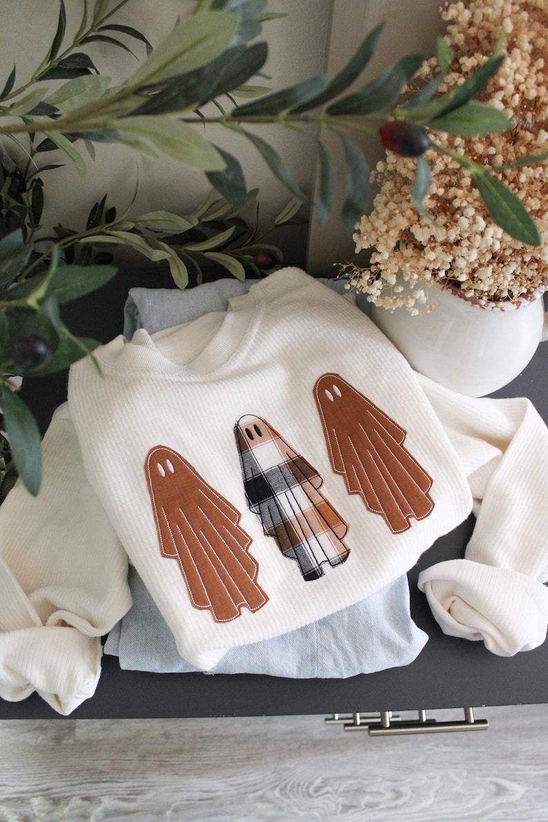 Fabric Ghost Trio Corded Crewneck -- Applique Pullover, Halloween Shirt ...