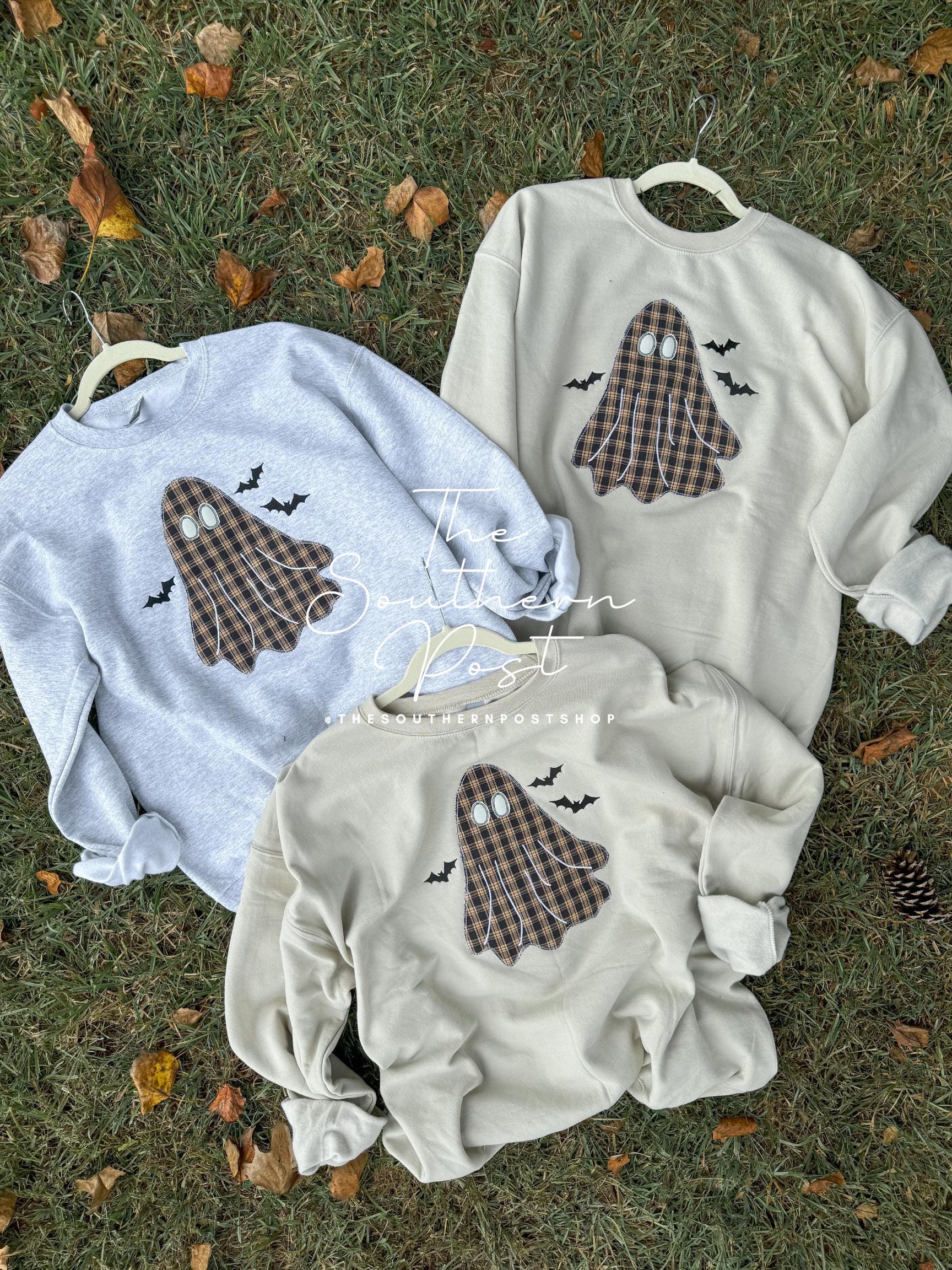 Plaid Ghost Appliqué Sweatshirt -- Halloween Sweatshirt, Ghost Pullover ...