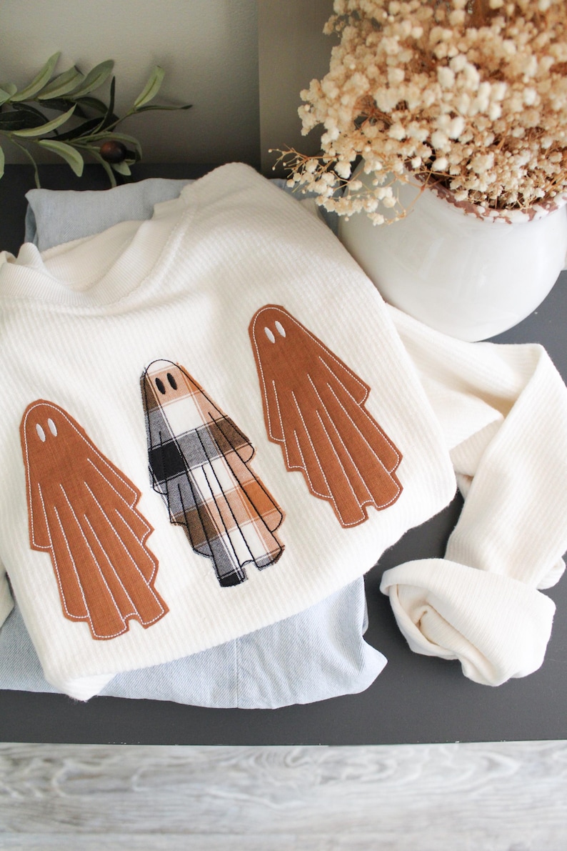 Fabric Ghost Trio Corded Crewneck -- Applique Pullover, Halloween Shirt ...