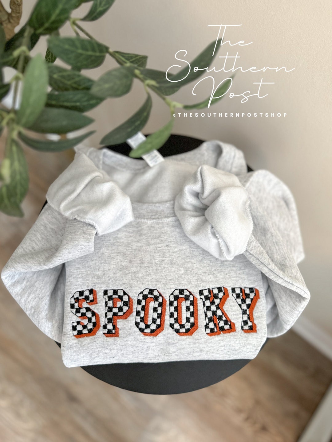 Spooky Checkered Sweatshirt -- Embroidered, Halloween Sweatshirt ...