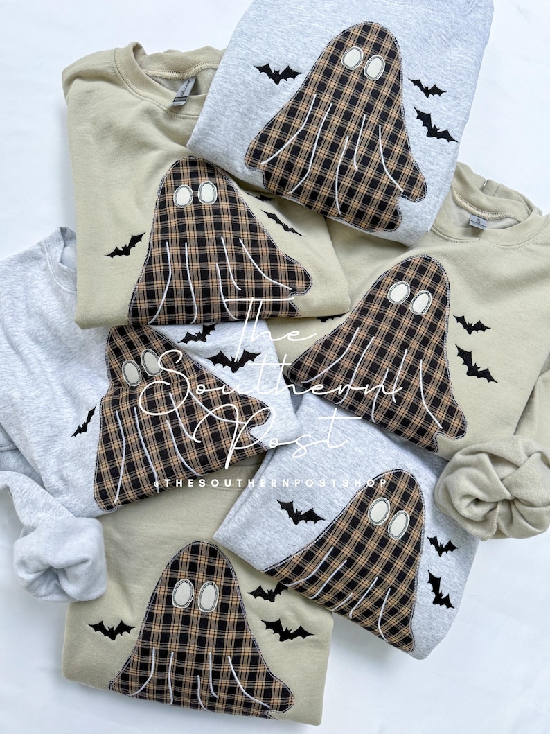 Plaid Ghost Appliqué Sweatshirt -- Halloween Sweatshirt, Ghost Pullover ...