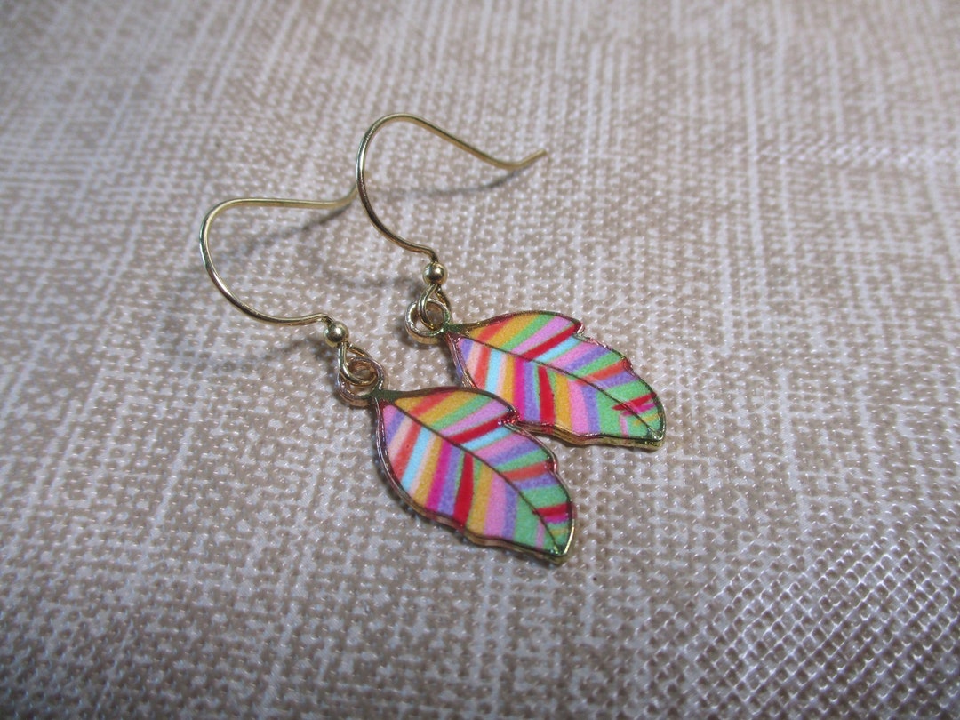 Rainbow Enameled Feather Earrings - Etsy
