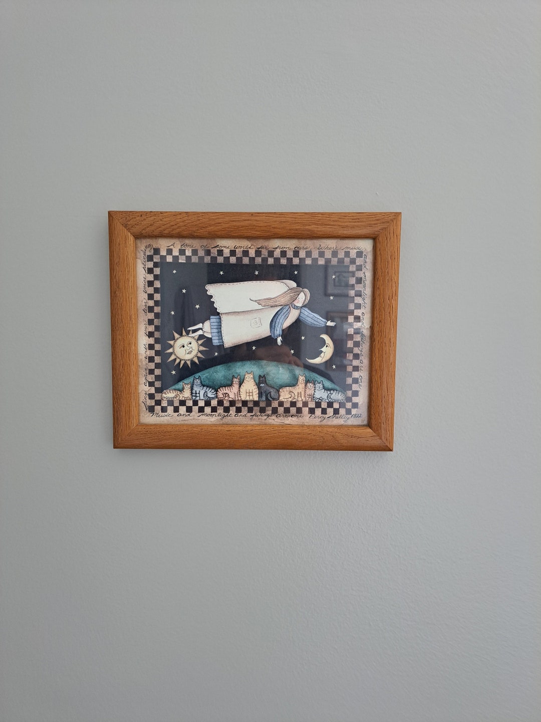 Linda Spivey Folk Art Print Flying Angel. Cats. Sun & Moon. Oak Frame ...