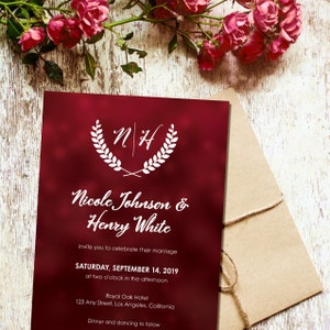 Red Wedding Invitation Template, Wedding Invites With Monogram Logo ...