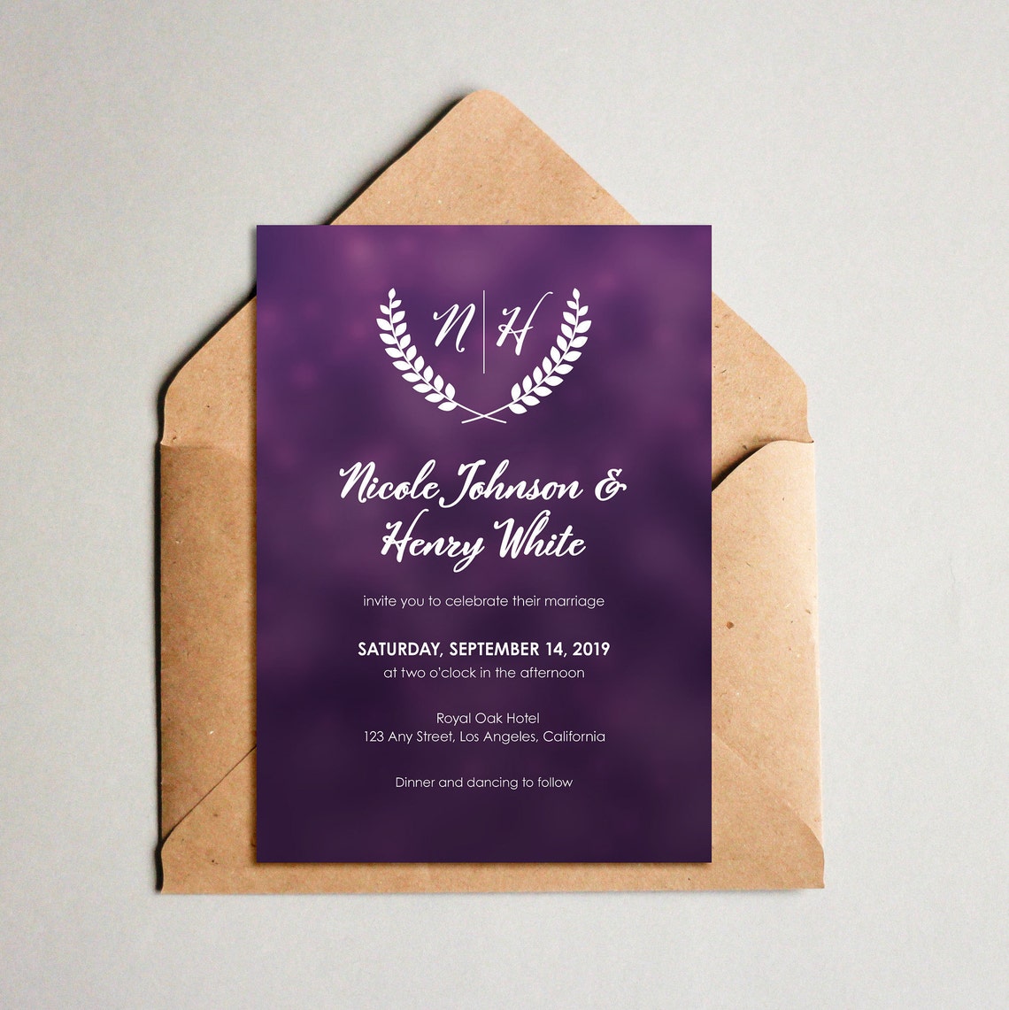 Purple Wedding Invitation Template, Wedding Invites With Monogram Logo ...